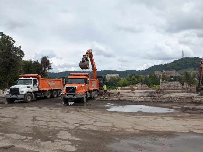 Demolition Progresses on Burned-Out Former Exposition Hall on Wheeling ...